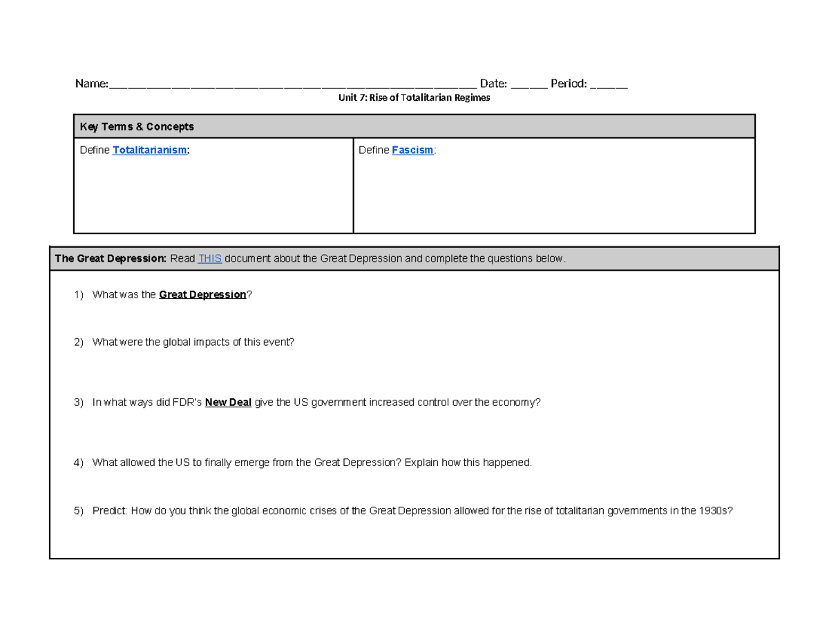 Unit 7: Rise of Totalitarian Regimes - Student Handout - Studocu