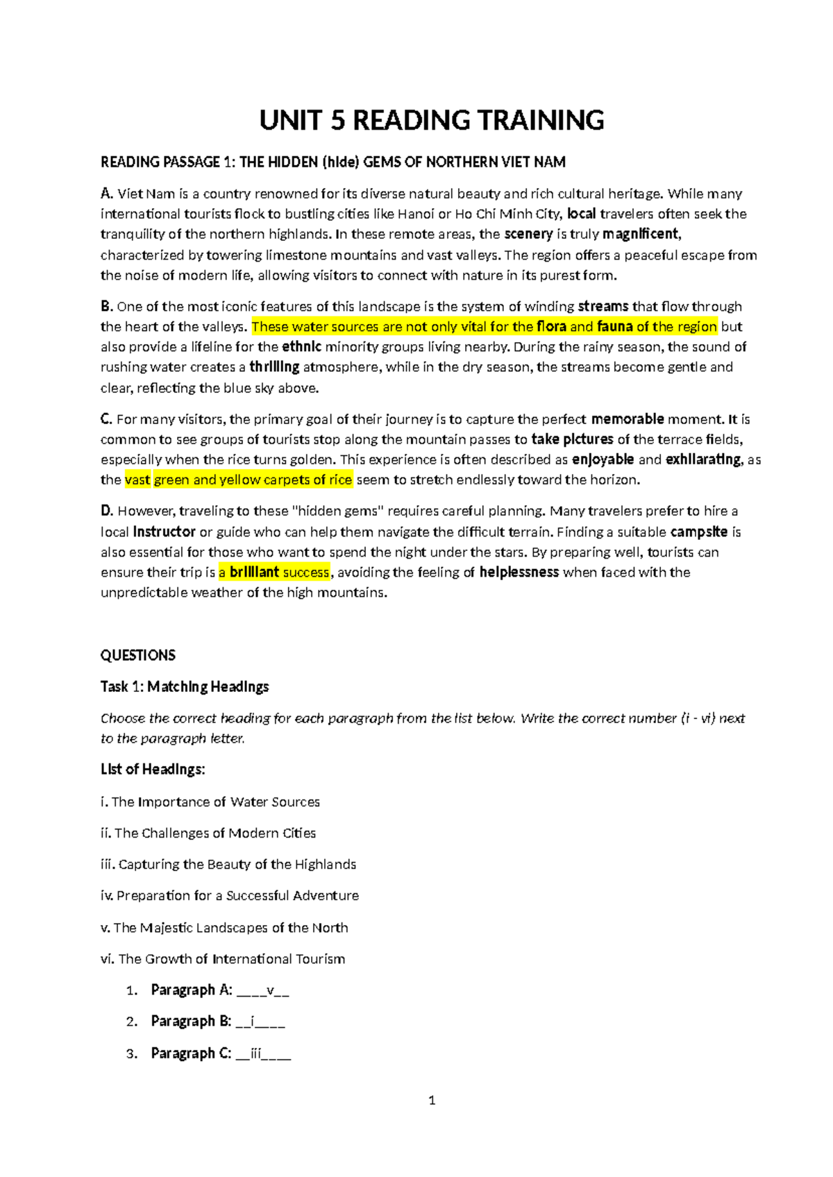 UNIT 5 GRADE 9 READING TRAINING: HIDDEN GEMS OF NORTHERN VIET NAM - Studocu