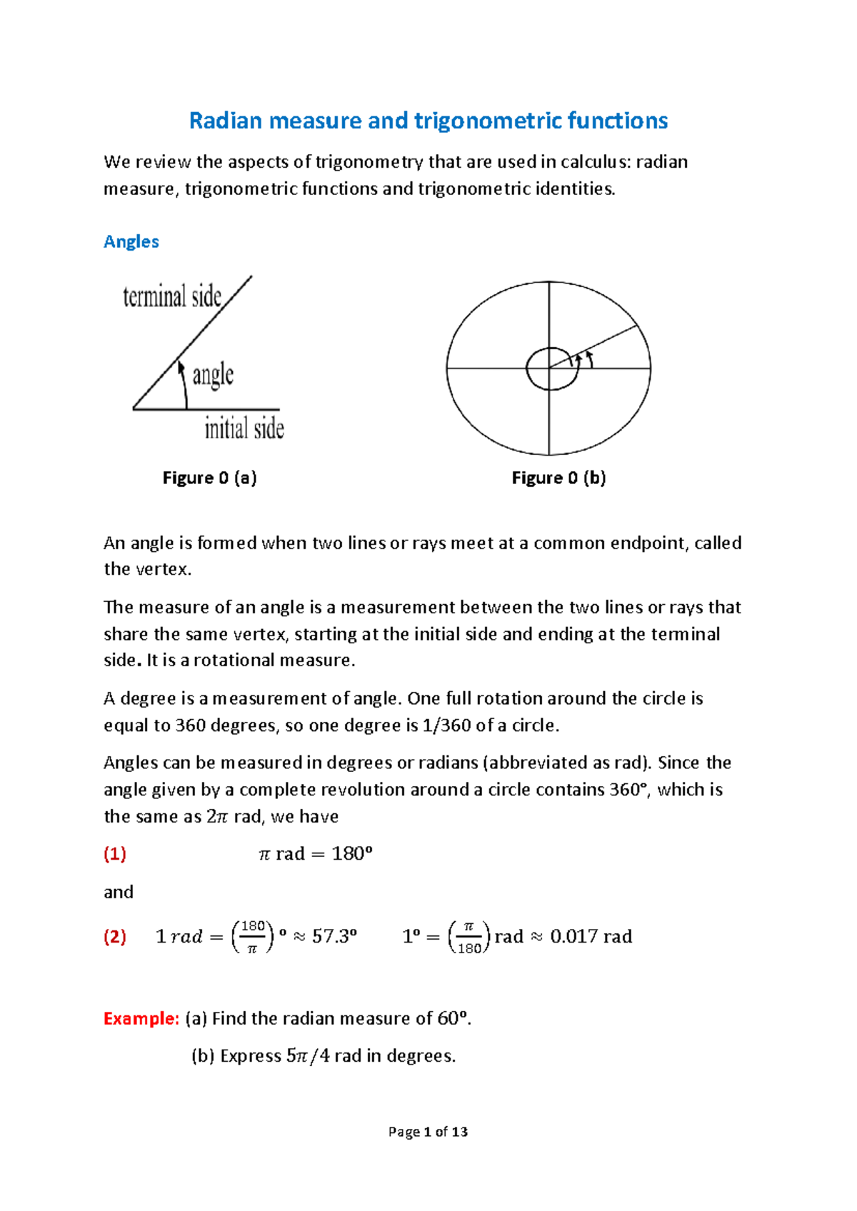 Trigonometry Review: Radian Measure and Functions - Studocu