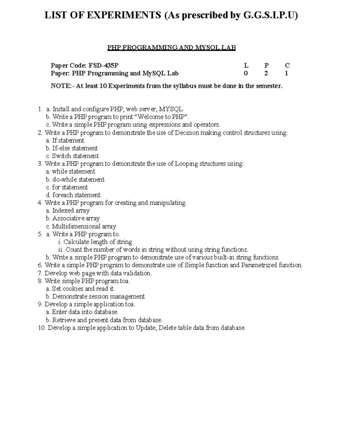 PHP Programming and MySQL Lab Experiments - FSD-435P - Studocu