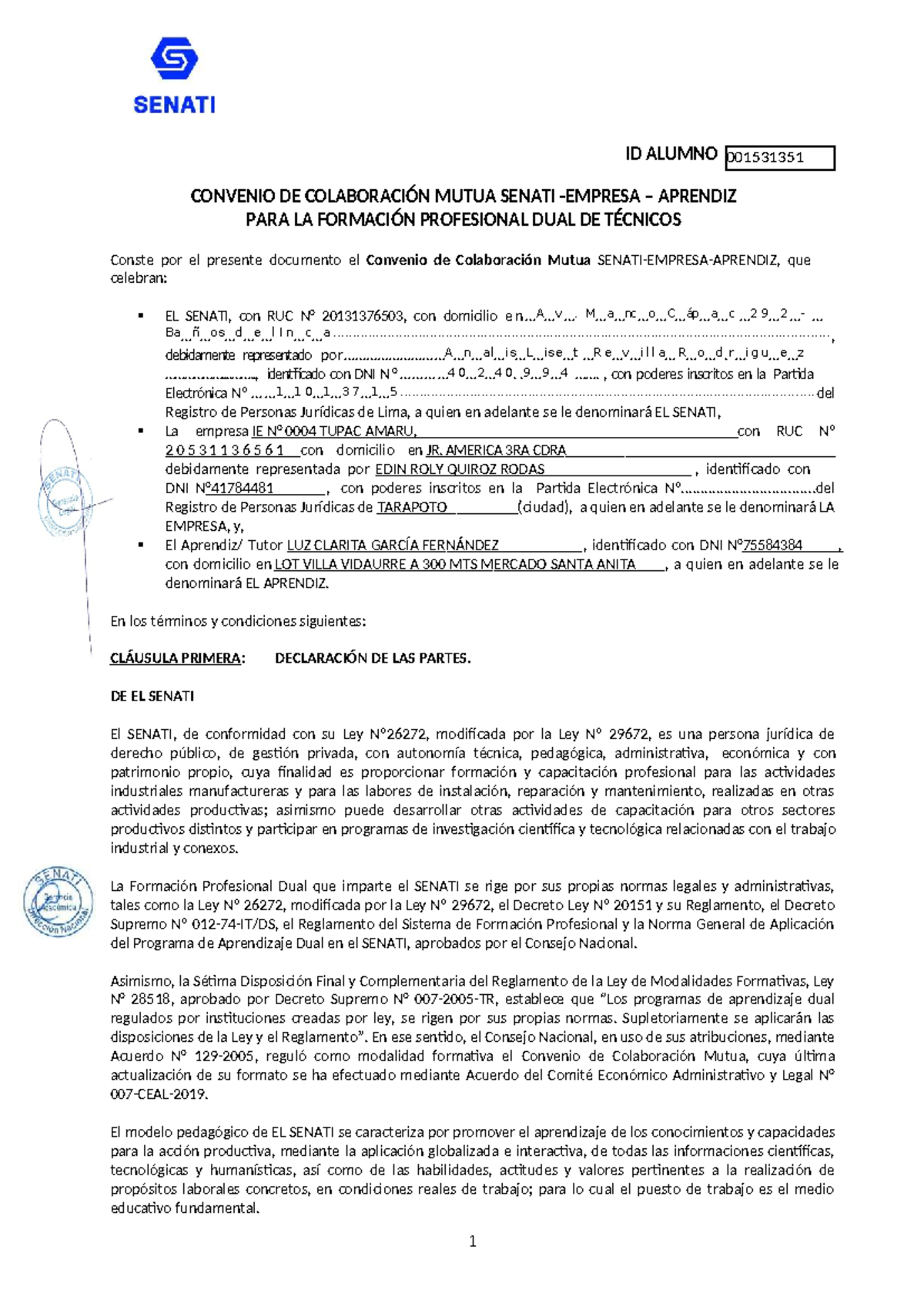 Convenio de Colaboración Mutua SENATI 202510 para Formación Dual - Studocu