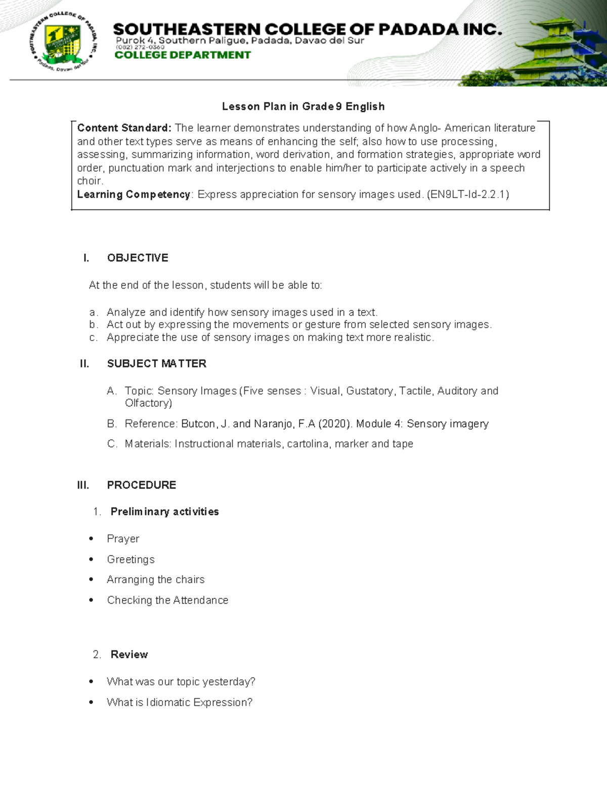 Grade 9 English Lesson Plan: Exploring Sensory Imagery (EN9LT-Id-2.2 ...