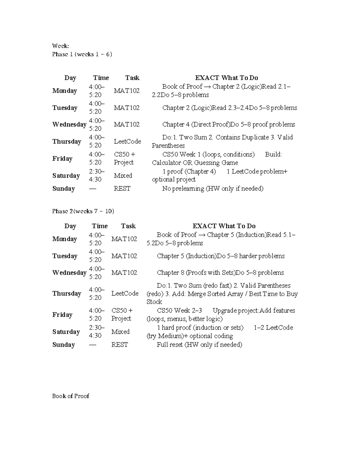 MAT102 & CS50 Weekly Schedule: Tasks & Projects Overview - Studocu