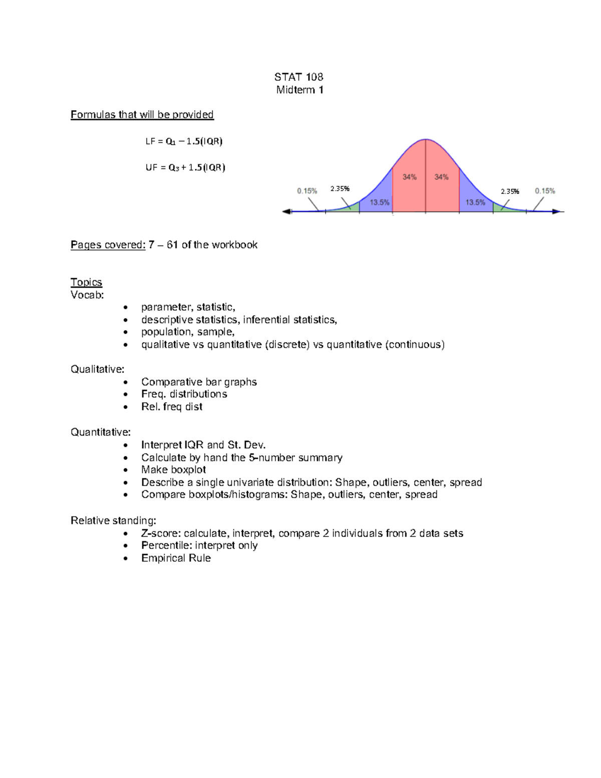 STAT 108 Midterm 1 Exam Review: Key Topics and Formulas - STAT 108 Midterm 1 Formulas that will ...