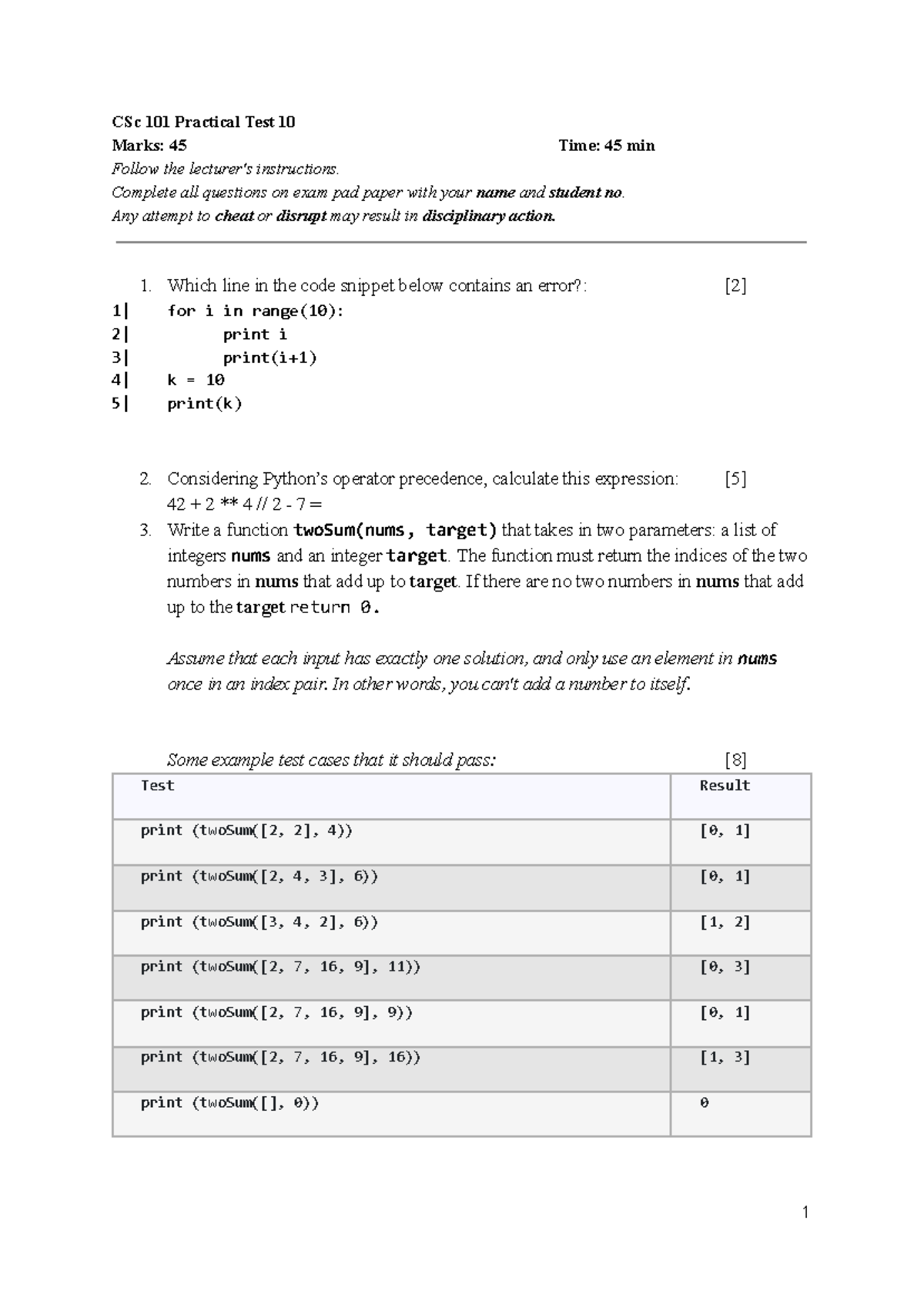 CSc 101 Practical Test: Code Snippet Error Analysis and Function Task ...
