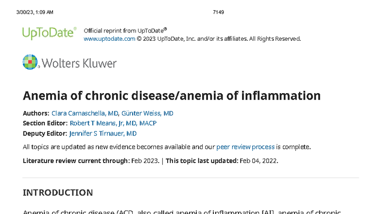 Anemia of Chronic Inflammation: Insights and Management (MED 7149 ...