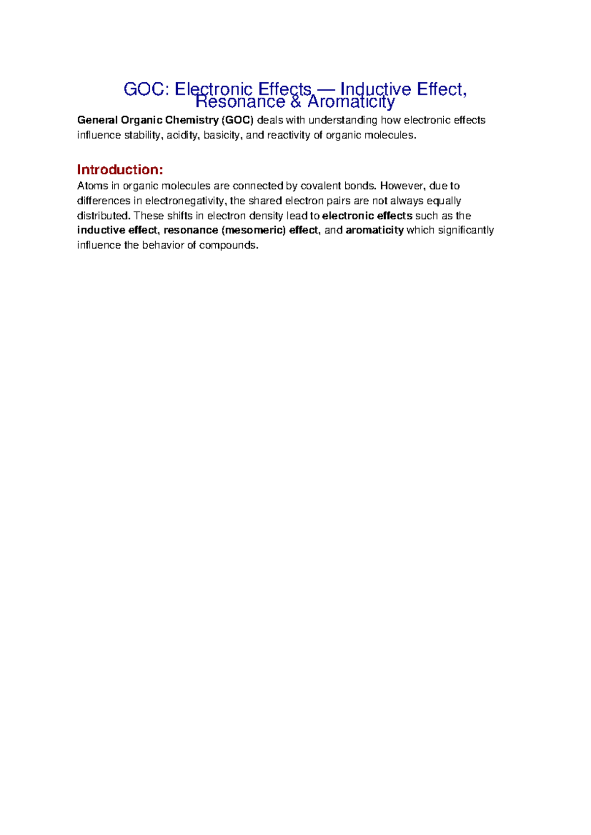 GOC: Electronic Effects - Inductive, Resonance, and Aromaticity ...
