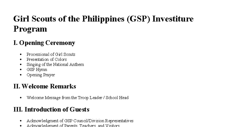 GSP Investiture Program: Ceremony & Activities Overview - Studocu