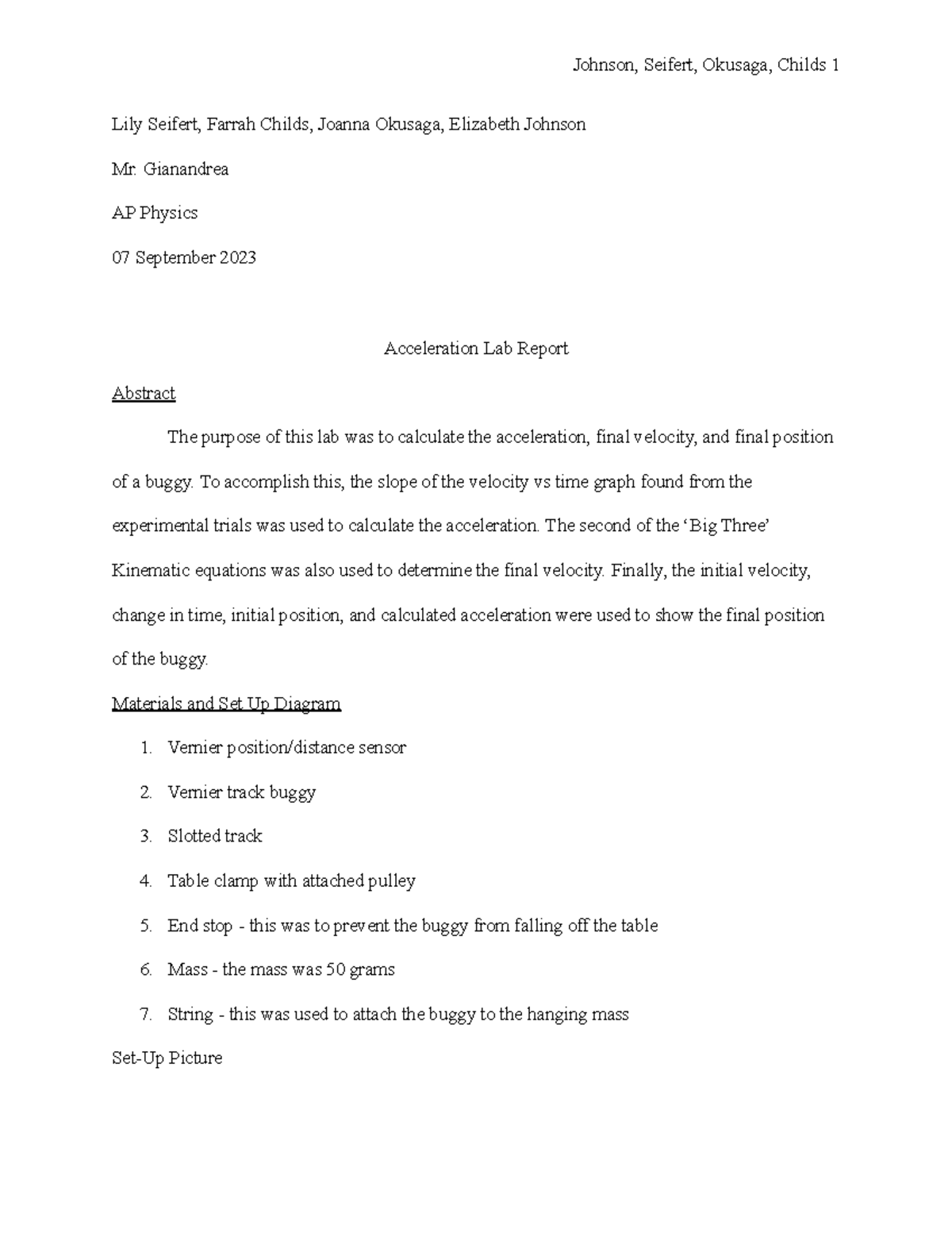 AP Physics Lab Report: Acceleration and Final Velocity Analysis - Studocu