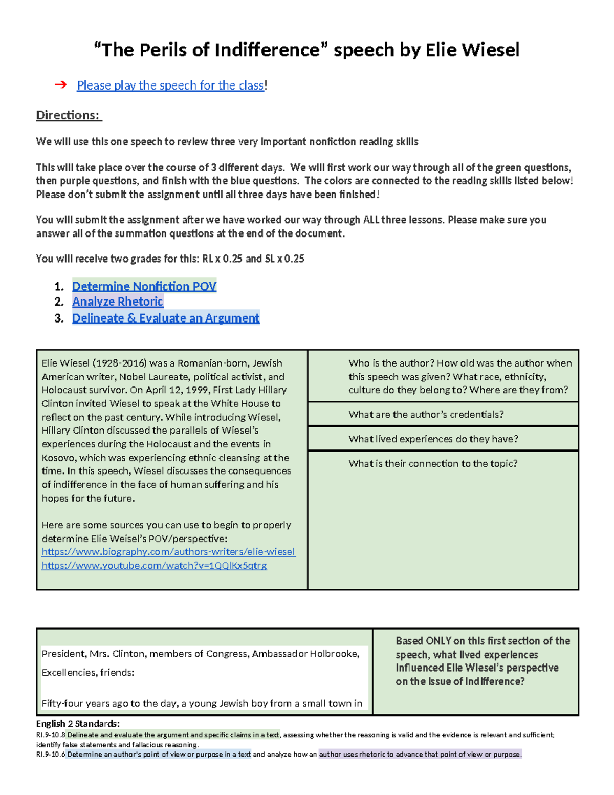 “English 2: Analyzing Elie Wiesel's 'Perils of Indifference' Speech ...
