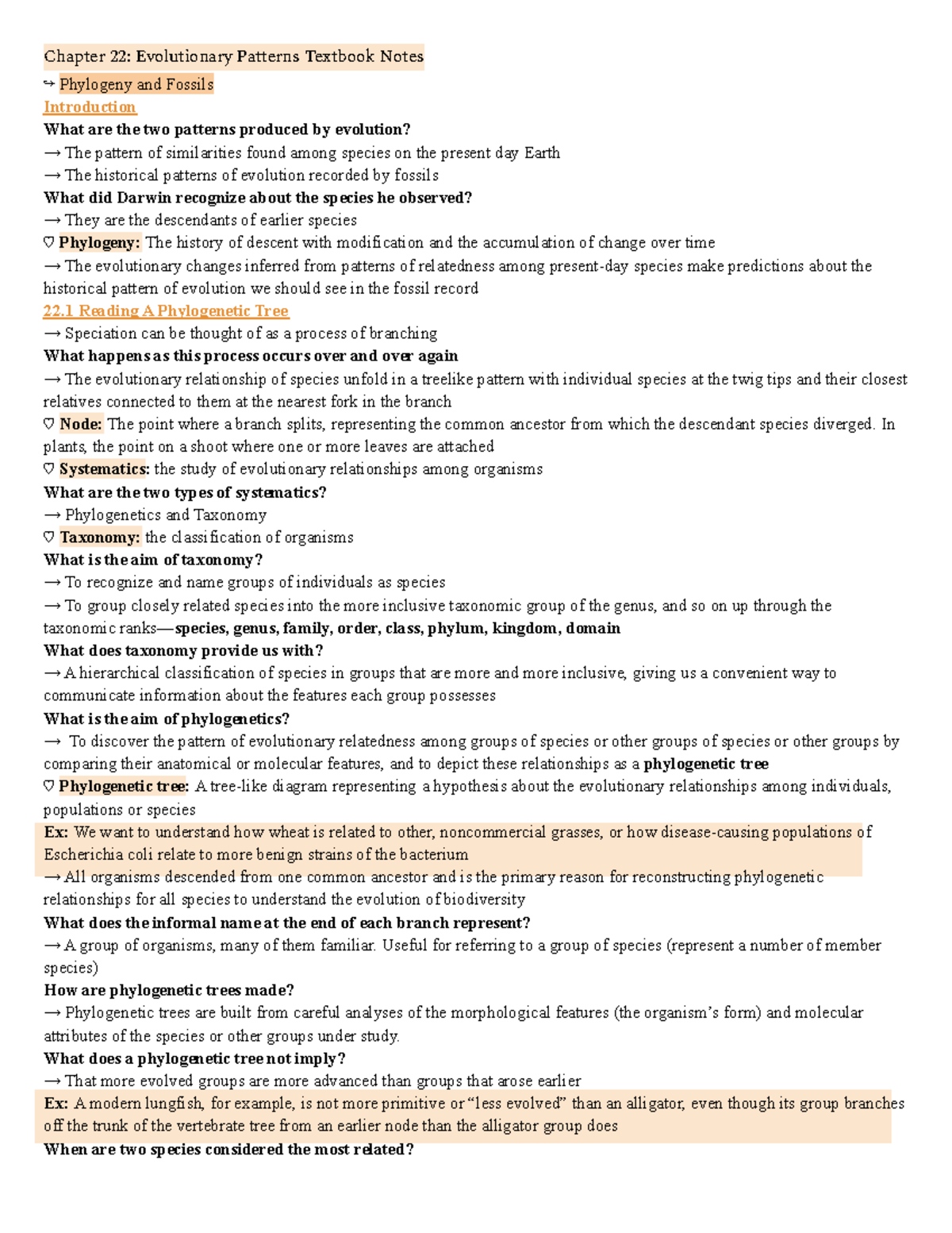 Biology Chapter 22: Evolutionary Patterns and Phylogenetic ...