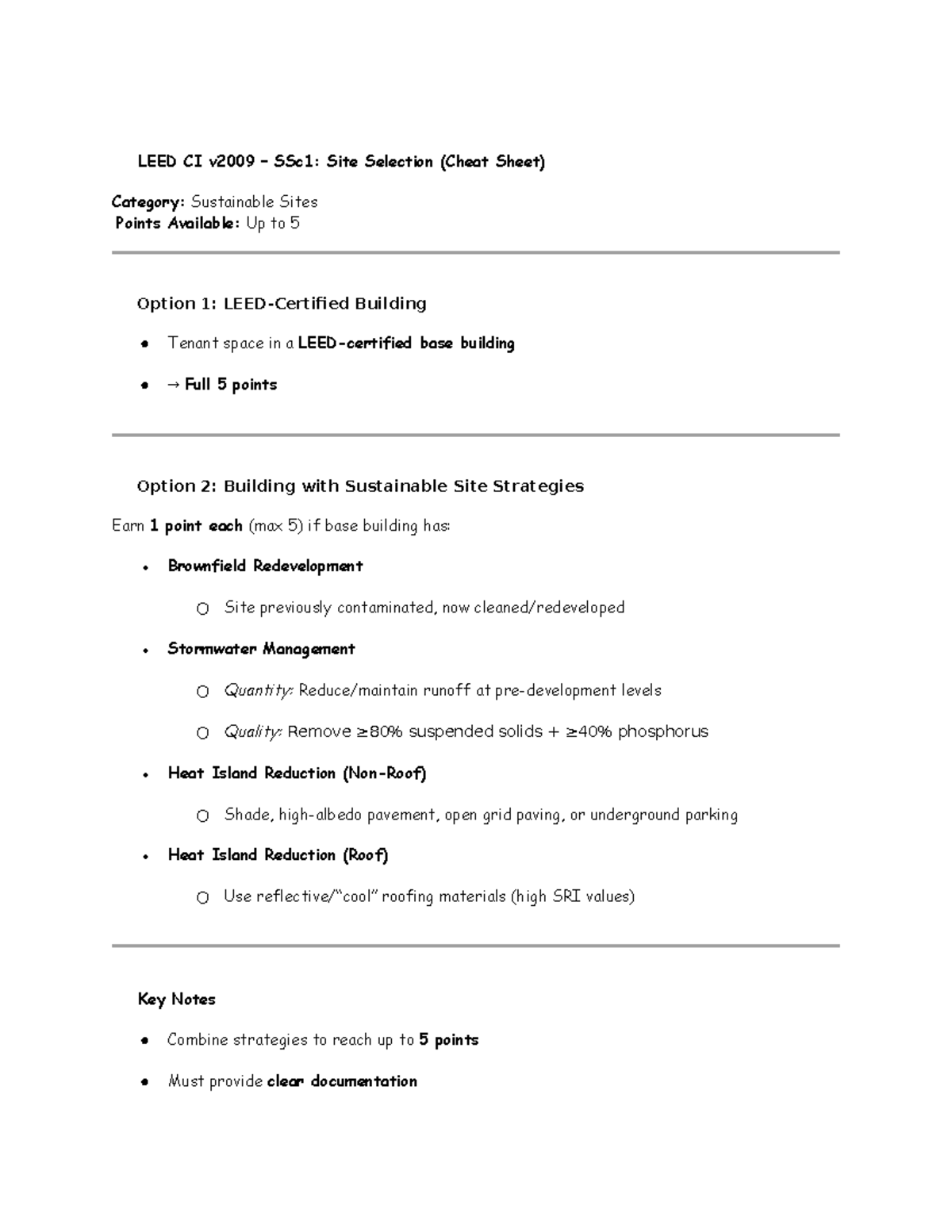 LEED CI v2009 SSc1: Sustainable Site Selection Cheat Sheet - Studocu