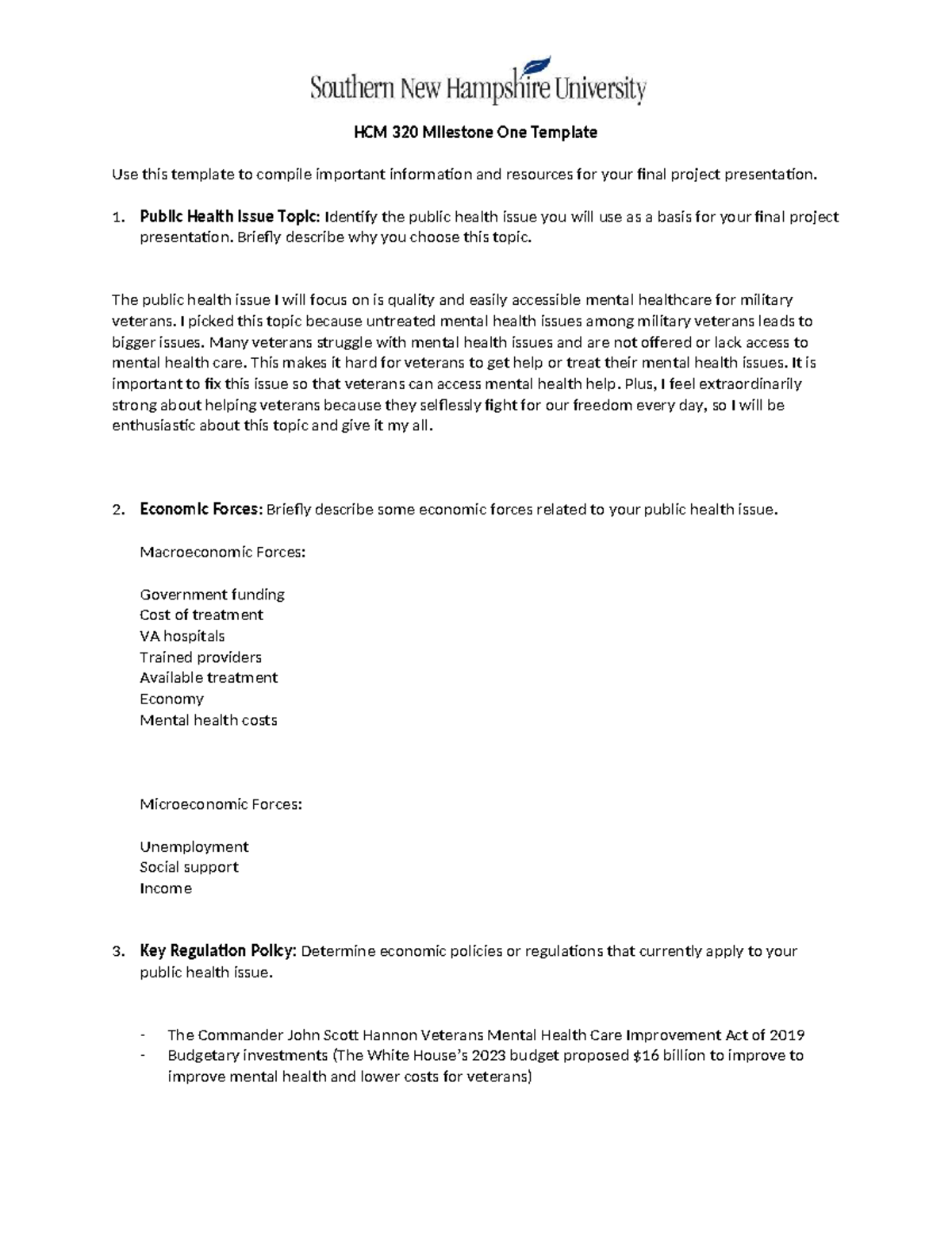 HCM 320 Final Project Milestone One Template on Veteran Mental Health ...