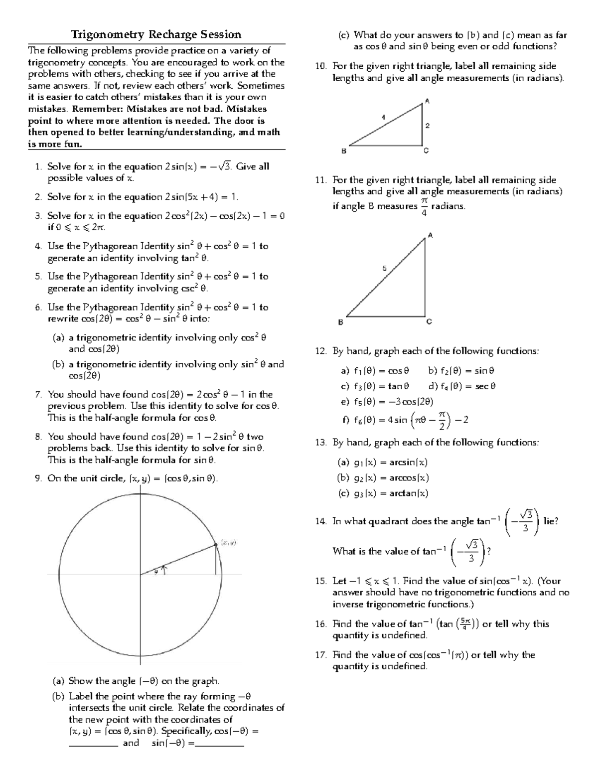 Trigonometry Practice Problems: Recharge Session Review - Studocu