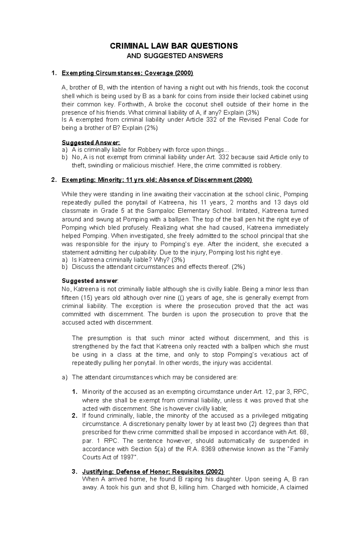 Criminal Law Bar Questions and Suggested Answers - CRIMINAL LAW BAR ...