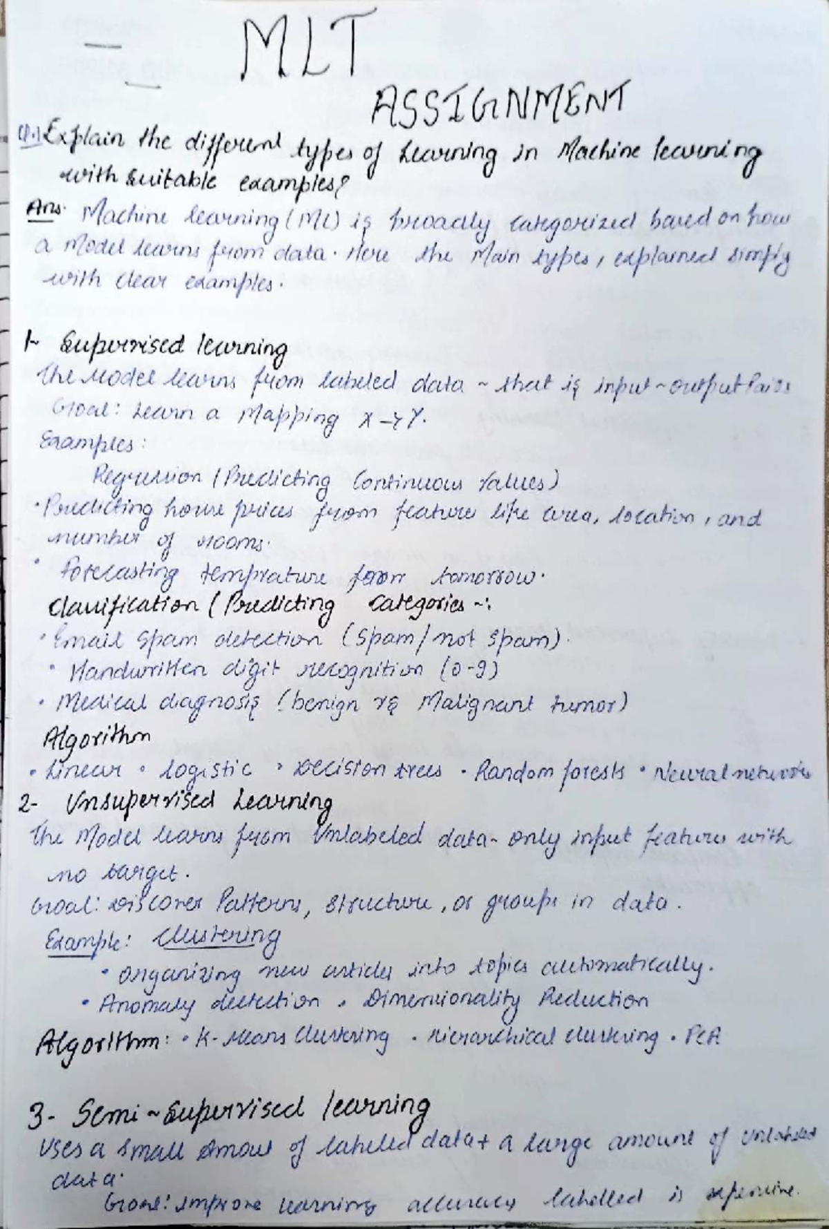 MLT Assignment - Types of Learning in Machine Learning Explained - Studocu