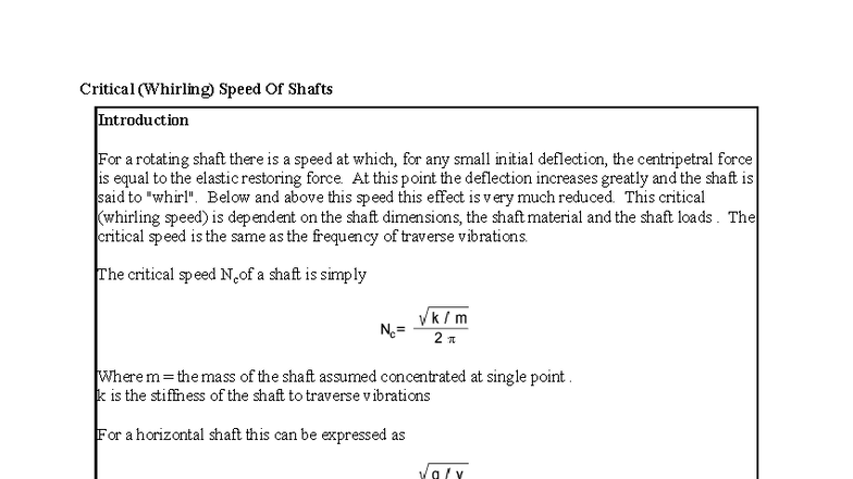 Critical Whirling Speed of Shafts: Analysis and Formulas - Studocu