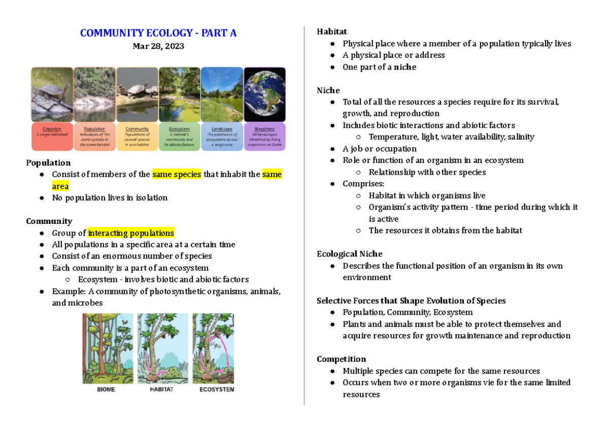 Ecology Part 1 - COMMUNITY ECOLOGY - PART A Mar 28, 2023 Population ...