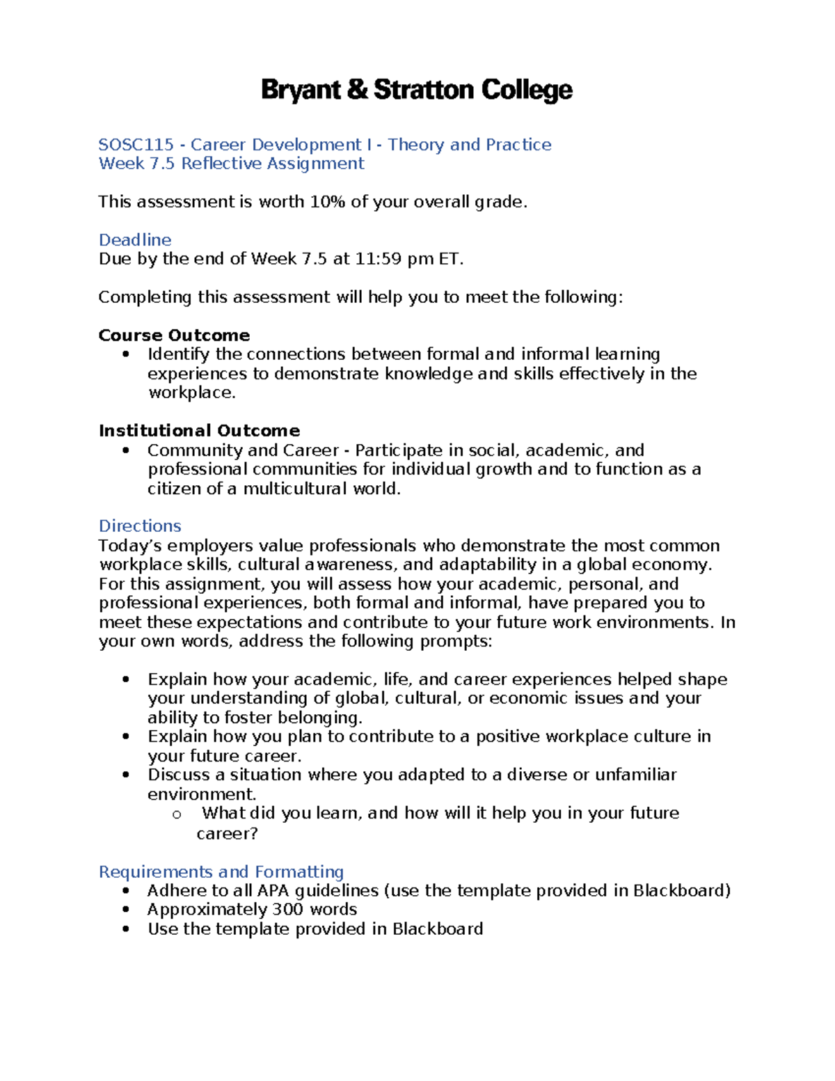 SOSC115 - Week 7.5 Reflective Assignment on Career Development - Studocu