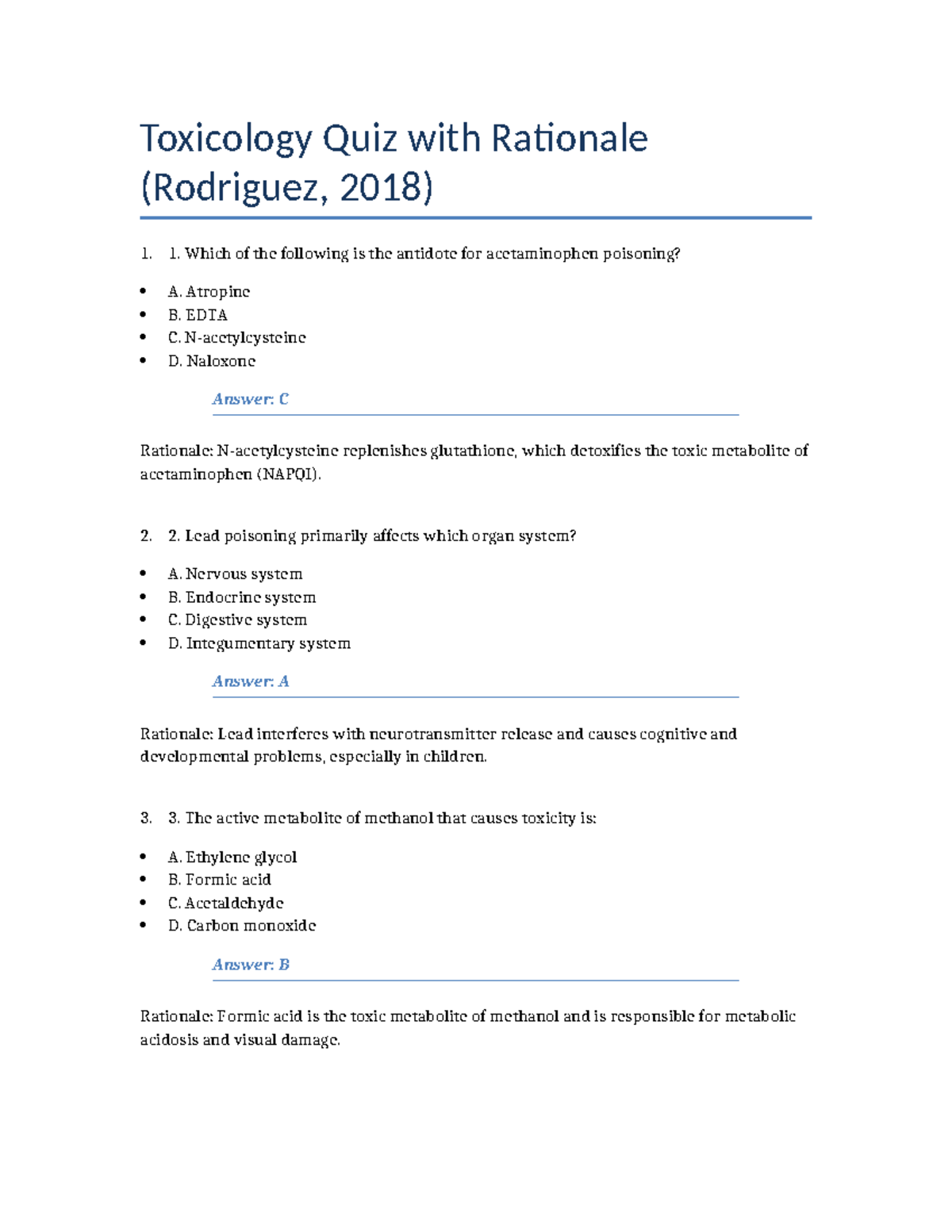 Toxicology Quiz (Course Code: TOX101) with Explanations - Studocu