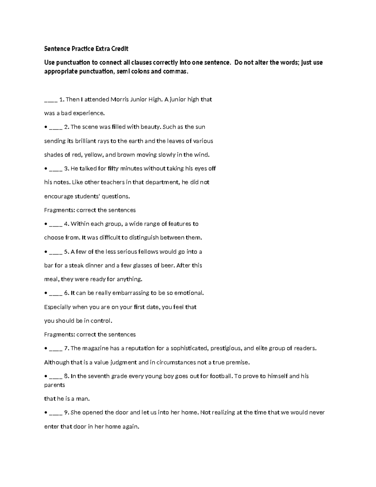 Sentence Practice Extra Credit Guidelines for Clarity and Punctuation ...