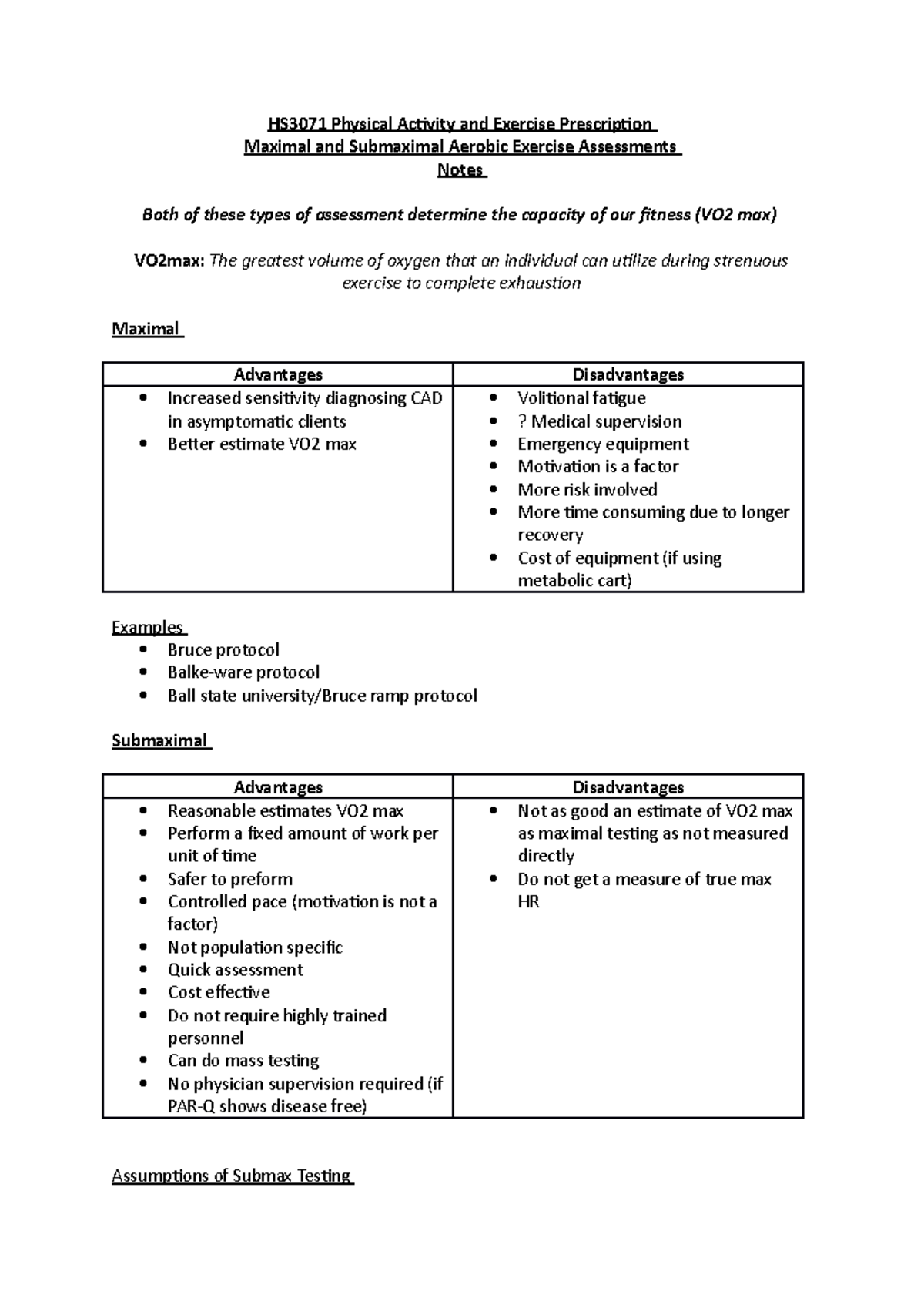 HS3071 Maximal vs. Submaximal Exercise Testing Notes & Comparisons ...