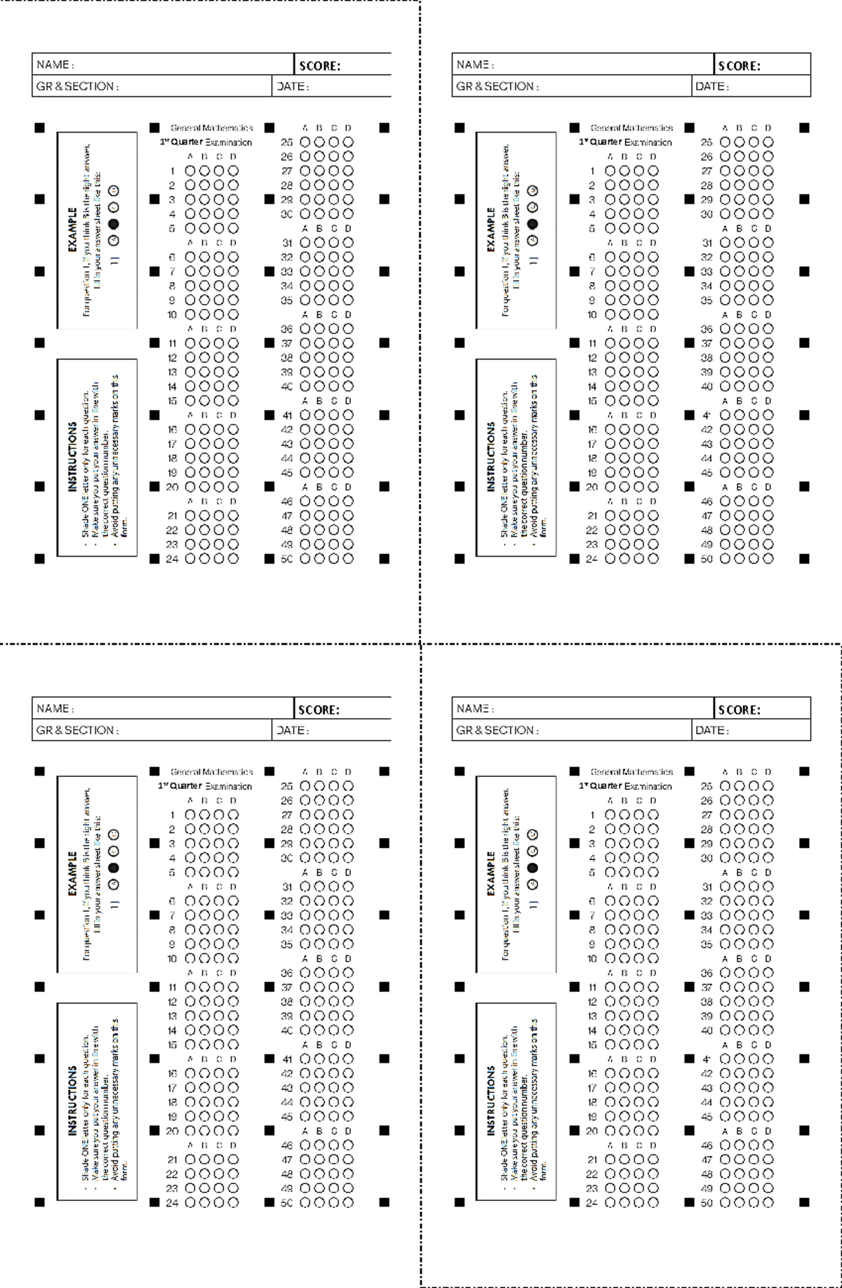 Gen Math Exam Answer Sheet - NAME SCORE: NAME: SCORE: GR SECTION DATE ...
