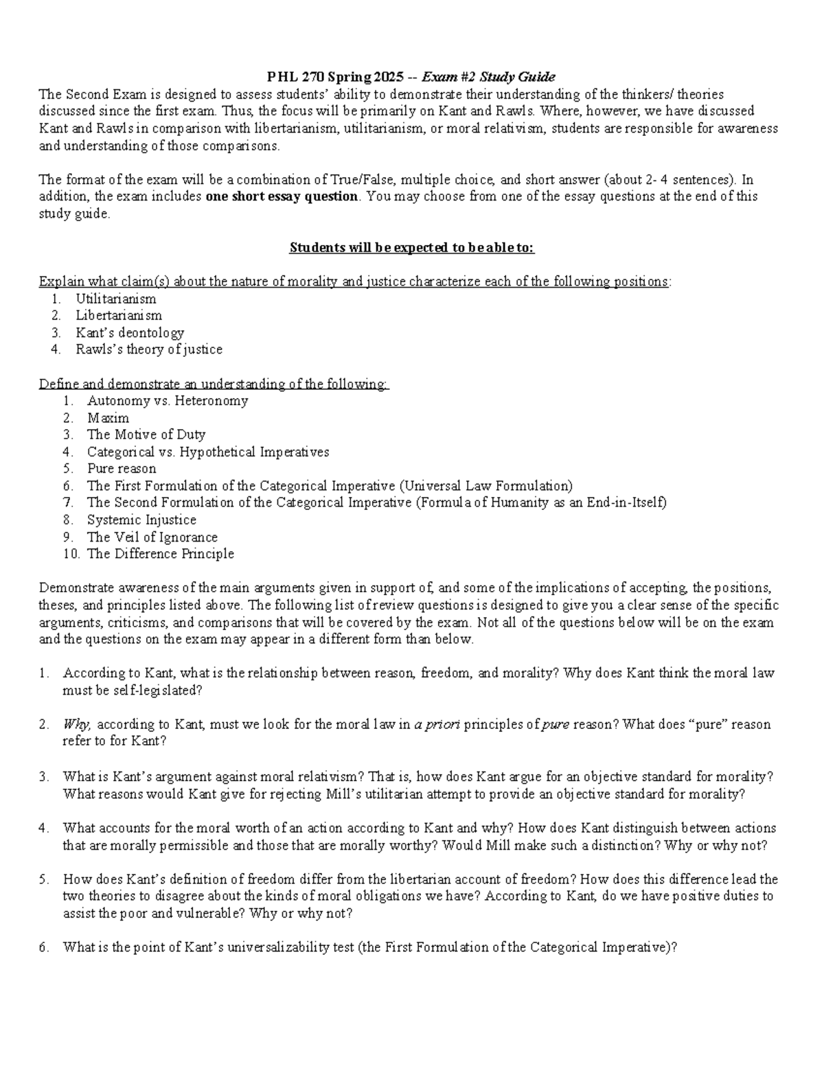 PHL 270 Spring 2025 Exam 2 Study Guide: Kant & Rawls Focus - Studocu