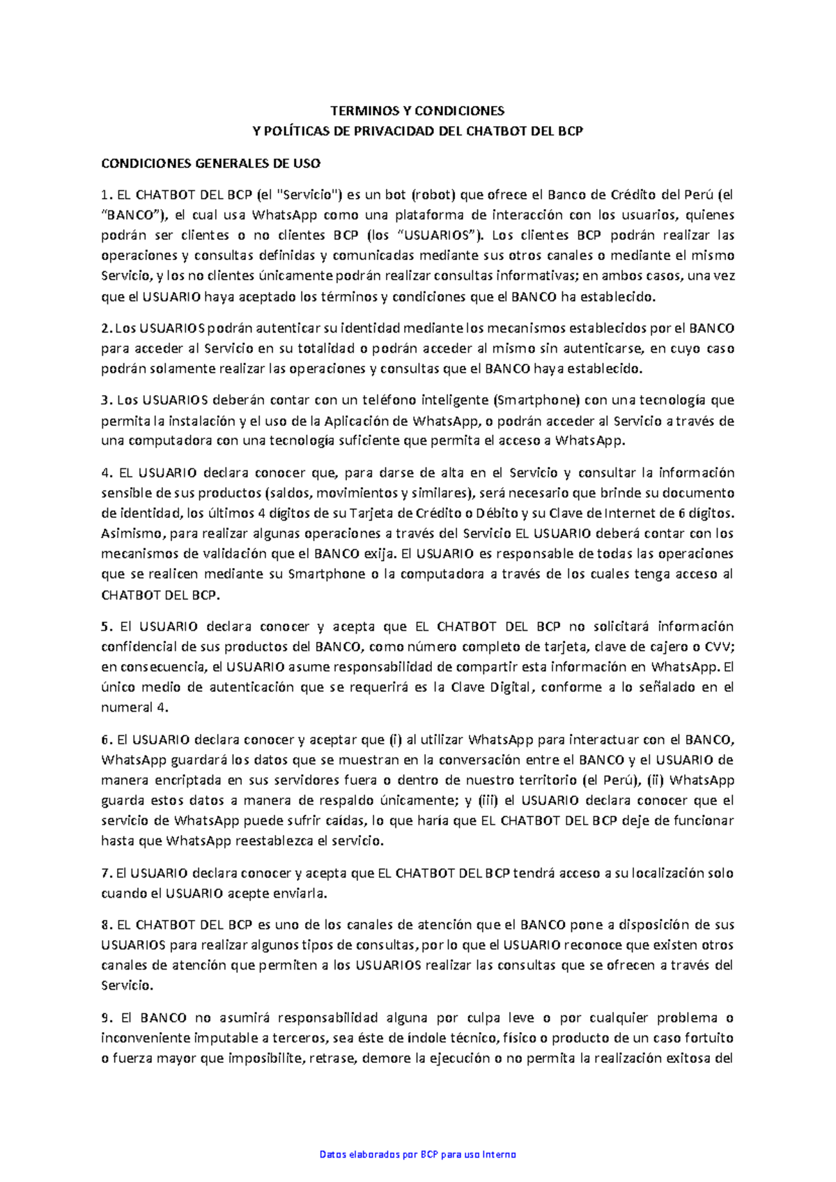 Terminos y Condiciones Whats App BCP - TERMINOS Y CONDICIONES Y ...