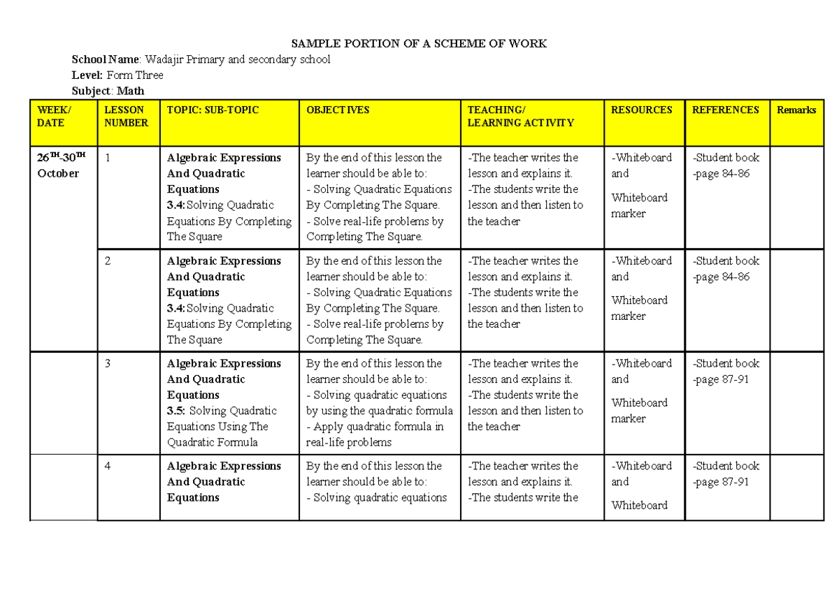 Math Scheme of Work: Algebraic Expressions & Quadratic Equations - Studocu