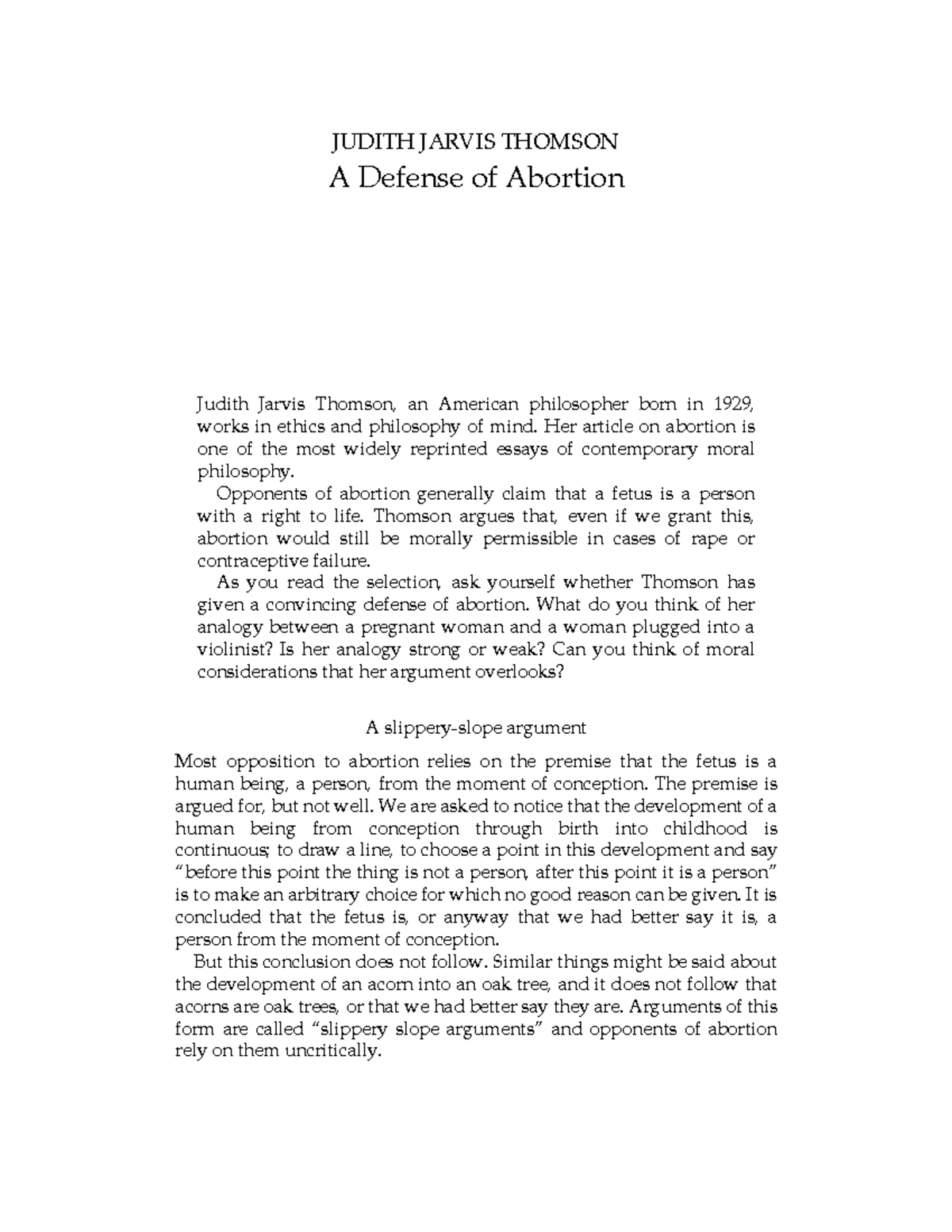 PHIL-202: Judith Thomson's A Defense of Abortion Analysis - Studocu