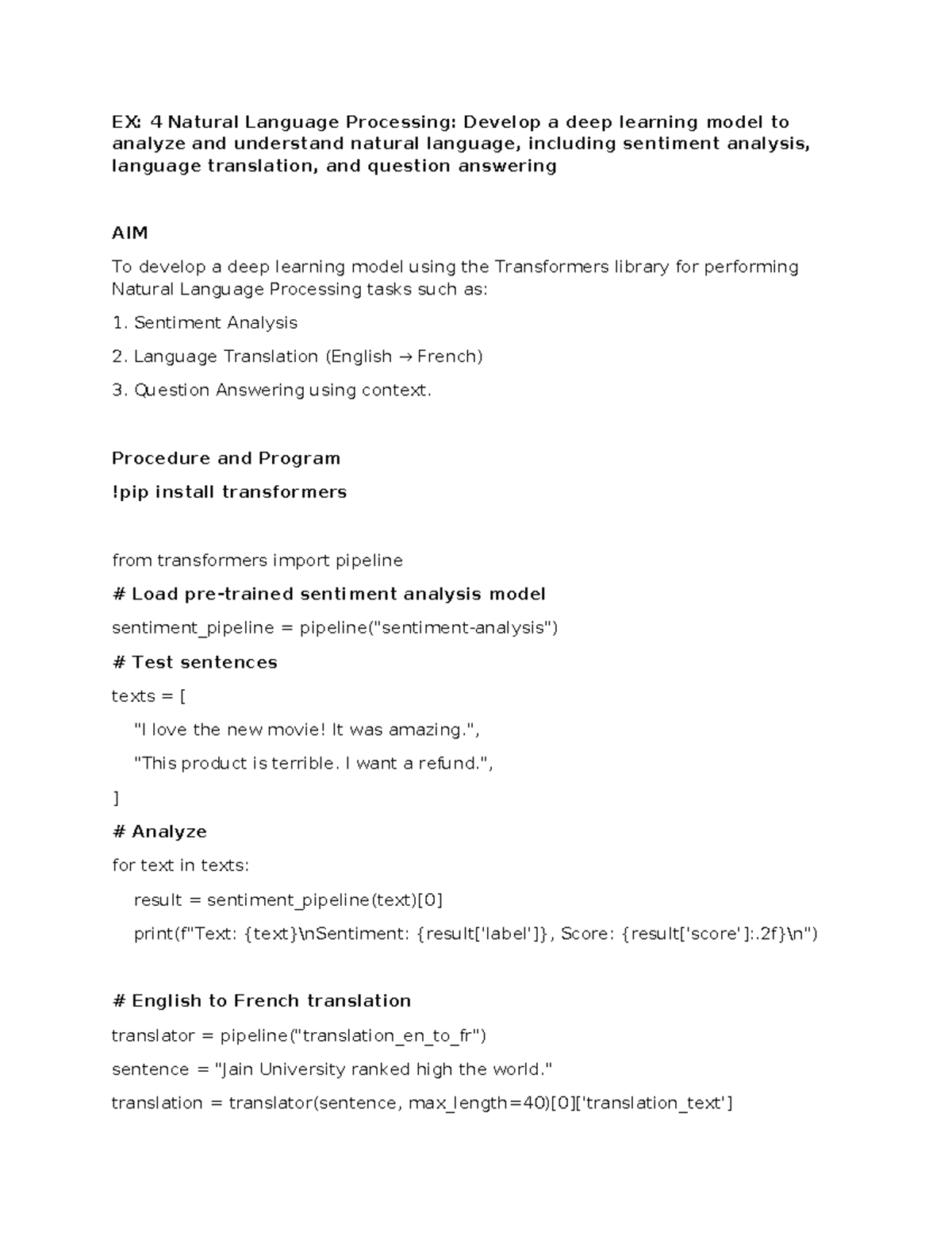 EX 4 Natural Language Processing: Deep Learning Model for NLP Tasks - Studocu