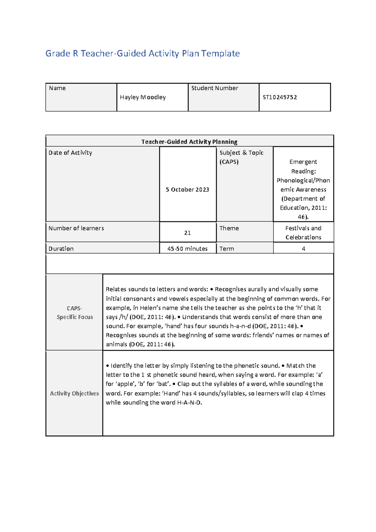 Grade R Teacher-Guided Activity Plan: Phonological Awareness Activities ...