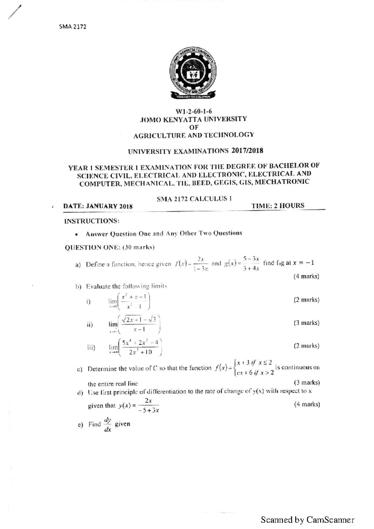 SMA 2172: Civil Engineering Past Papers - Semester I Final Exam Notes ...