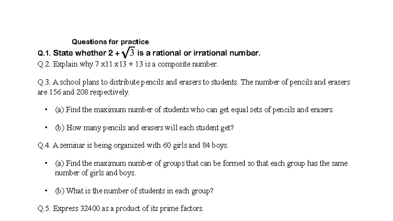Practice Questions for Math Q.1 to Q.5 - Extra Practice - Studocu