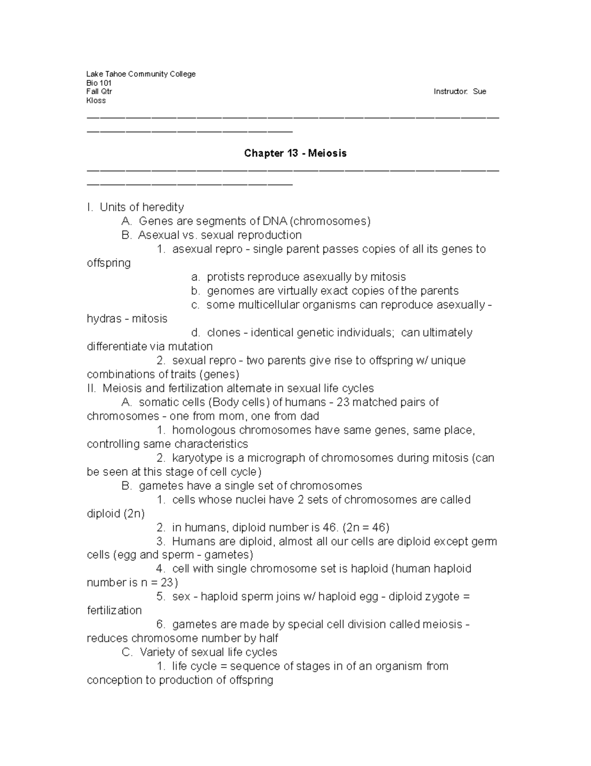 Bio 101 Chapter 13 - Meiosis Lecture Notes - Studocu