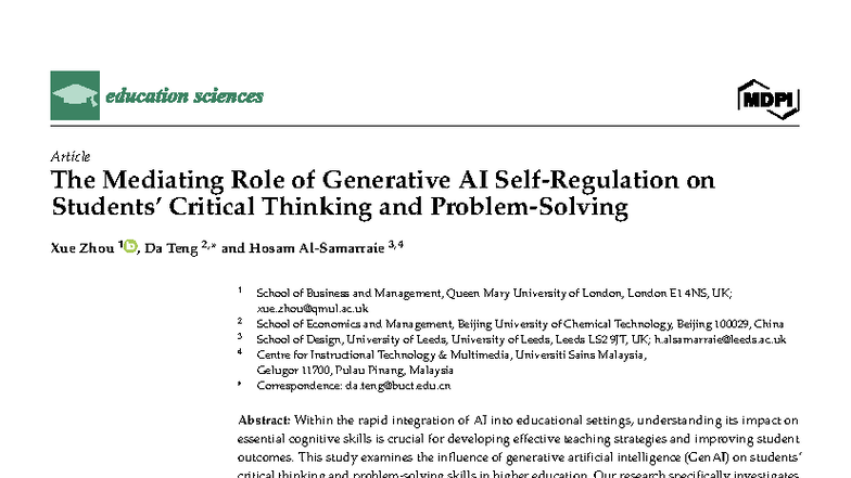 The Mediating Role of Generative AI on Critical Thinking in Higher Ed ...