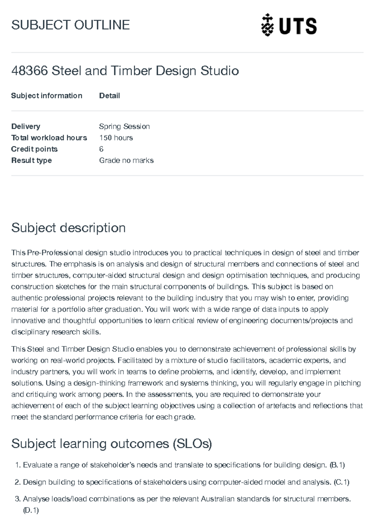 48366 Steel and Timber Design Studio Subject Overview - Spring 2026 ...
