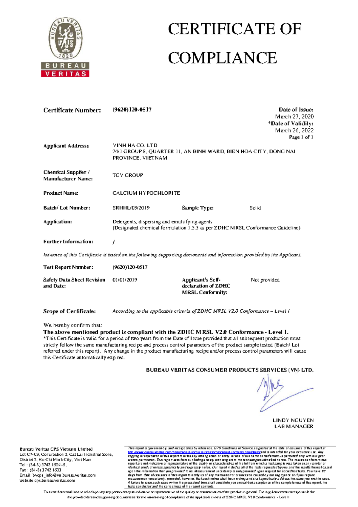 Certificate of Compliance for Calcium Hypochlorite - ZDHC MRSL V2.0 ...