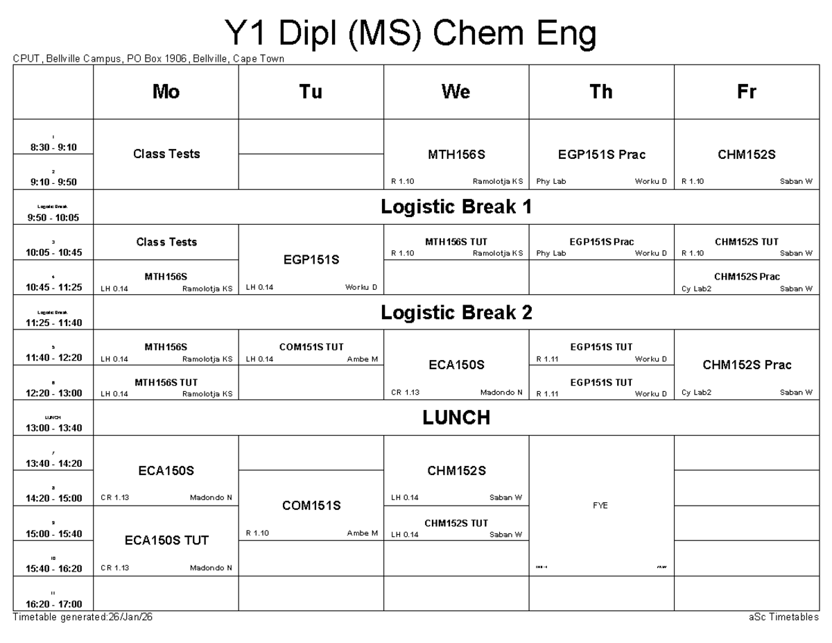 Chem Eng Semester 1 Timetable V4 - CPUT - Studocu