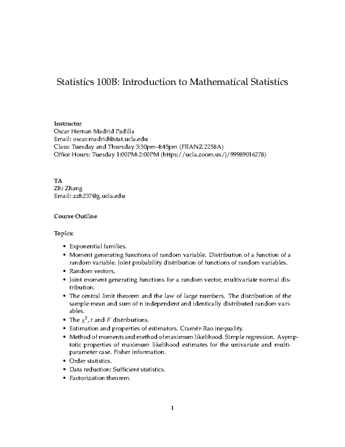 Statistics 100B: Syllabus for Mathematical Statistics Course - Studocu