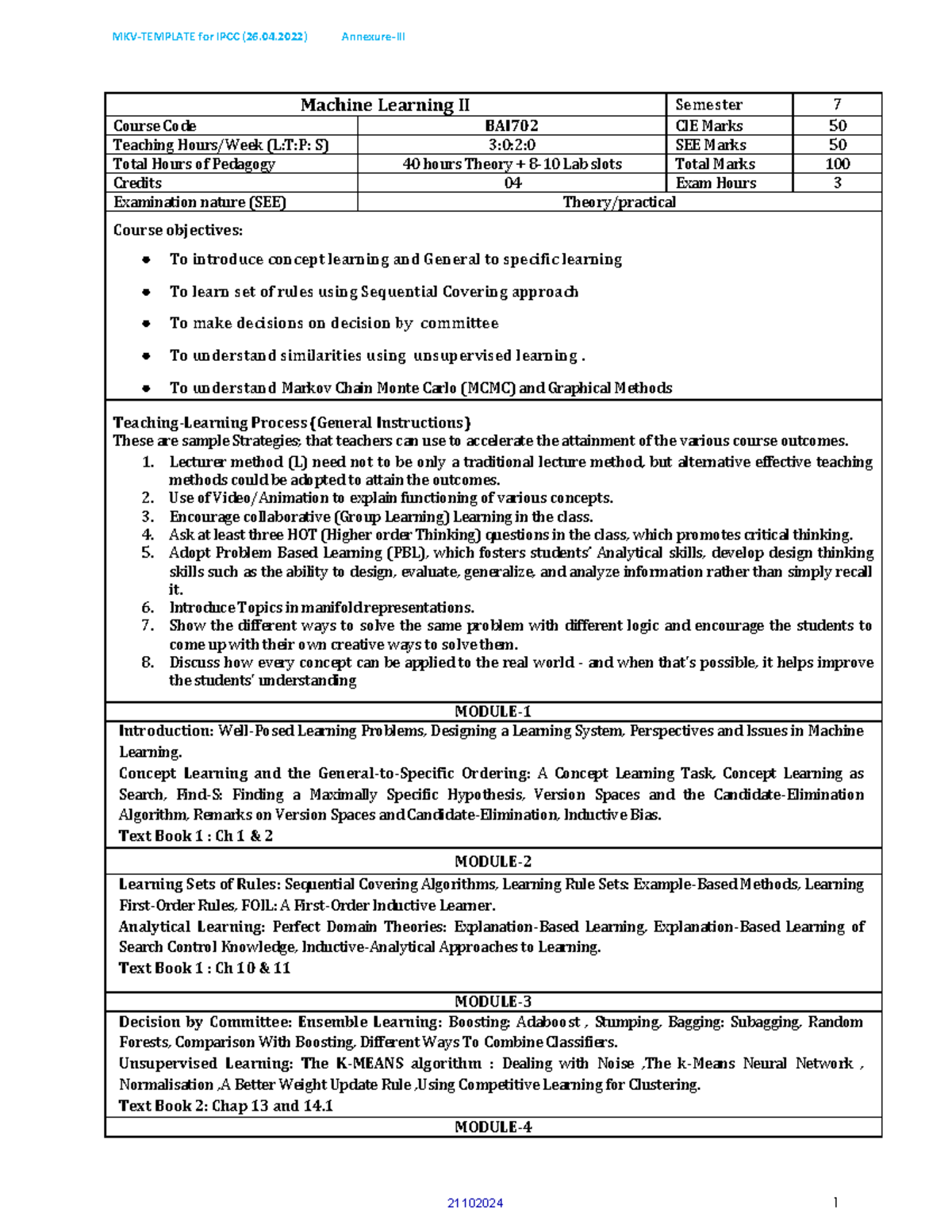 Machine Learning II Syllabus (BAI702) - IPCC 2022 - Studocu