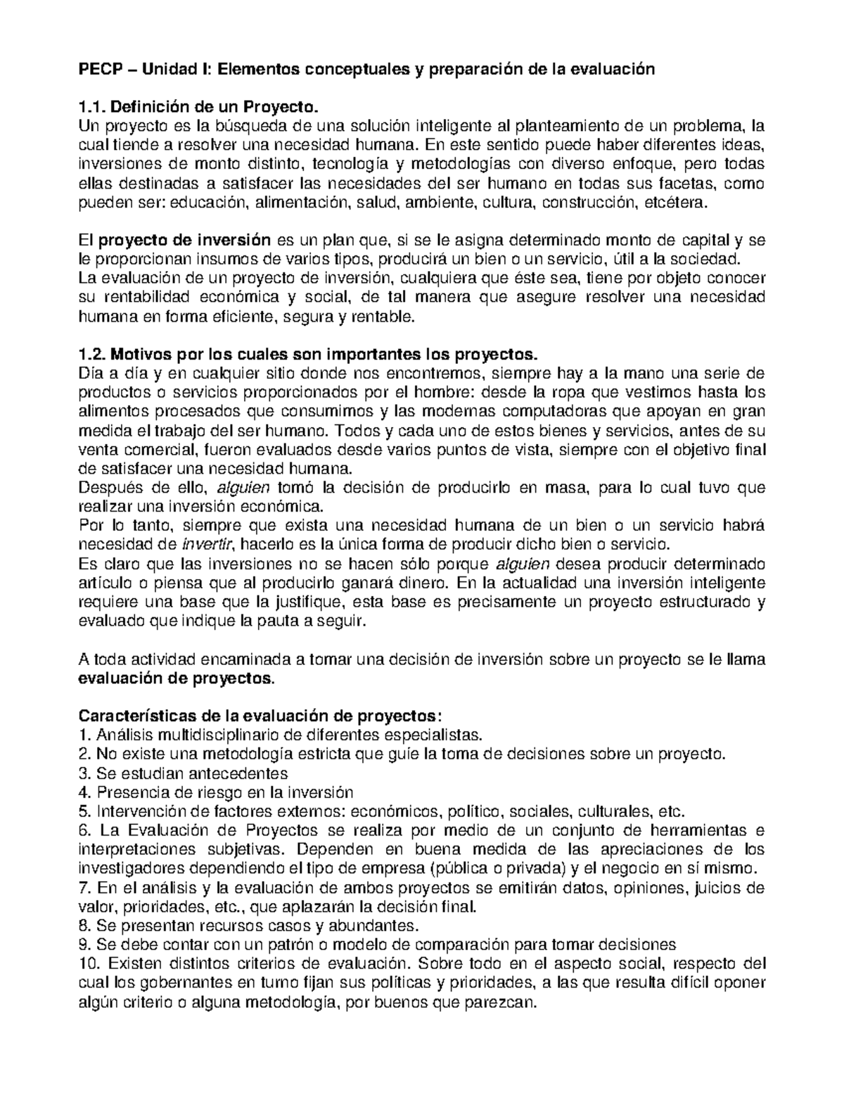 PECP Unidad I: Conceptos Clave en Preparación y Evaluación de Proyectos ...