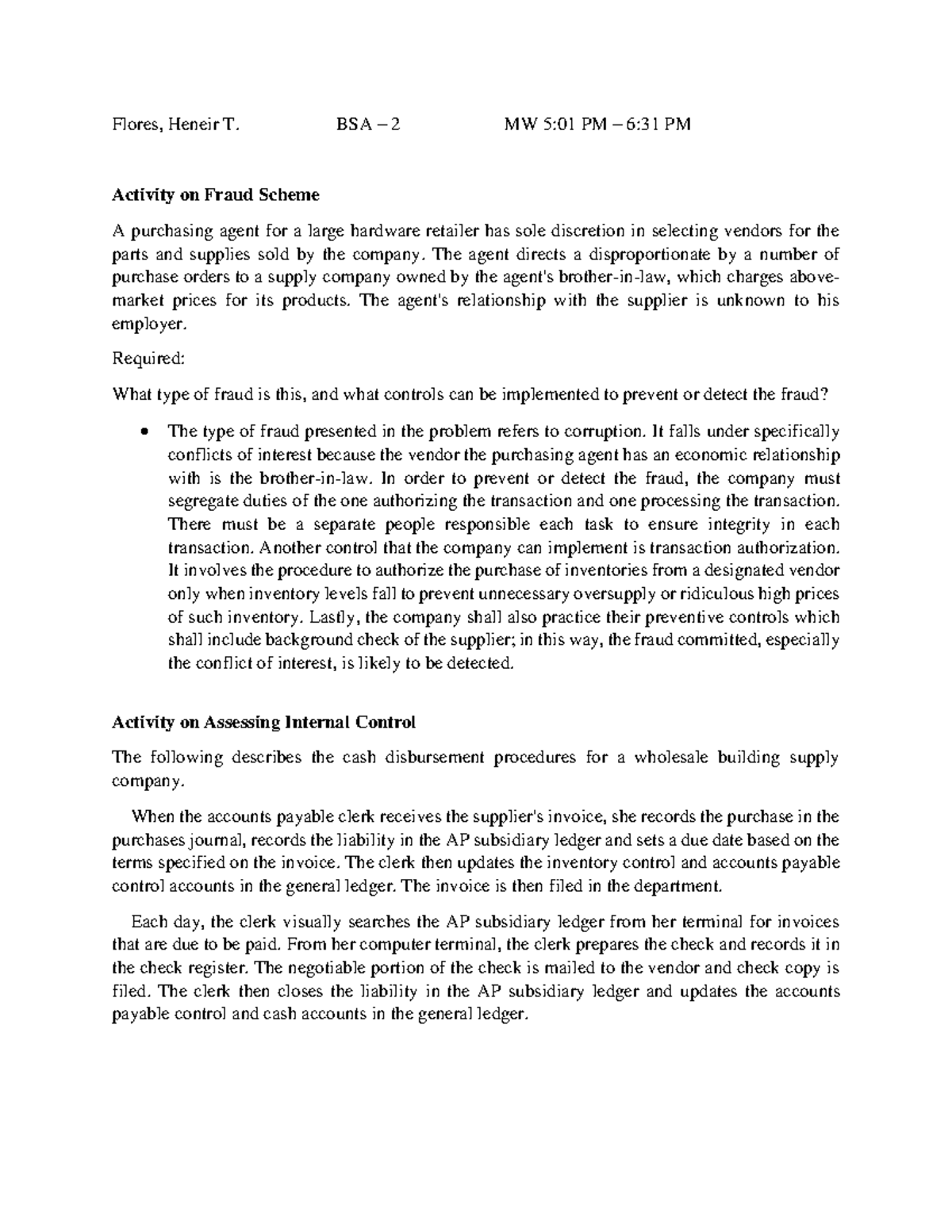BSA-2: Activity on Fraud Scheme & Internal Control Analysis - Studocu