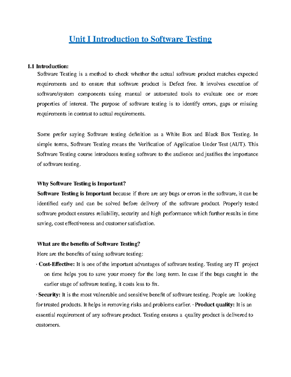 Unit I Software Testing Notes - 2019 Pattern Overview - Studocu