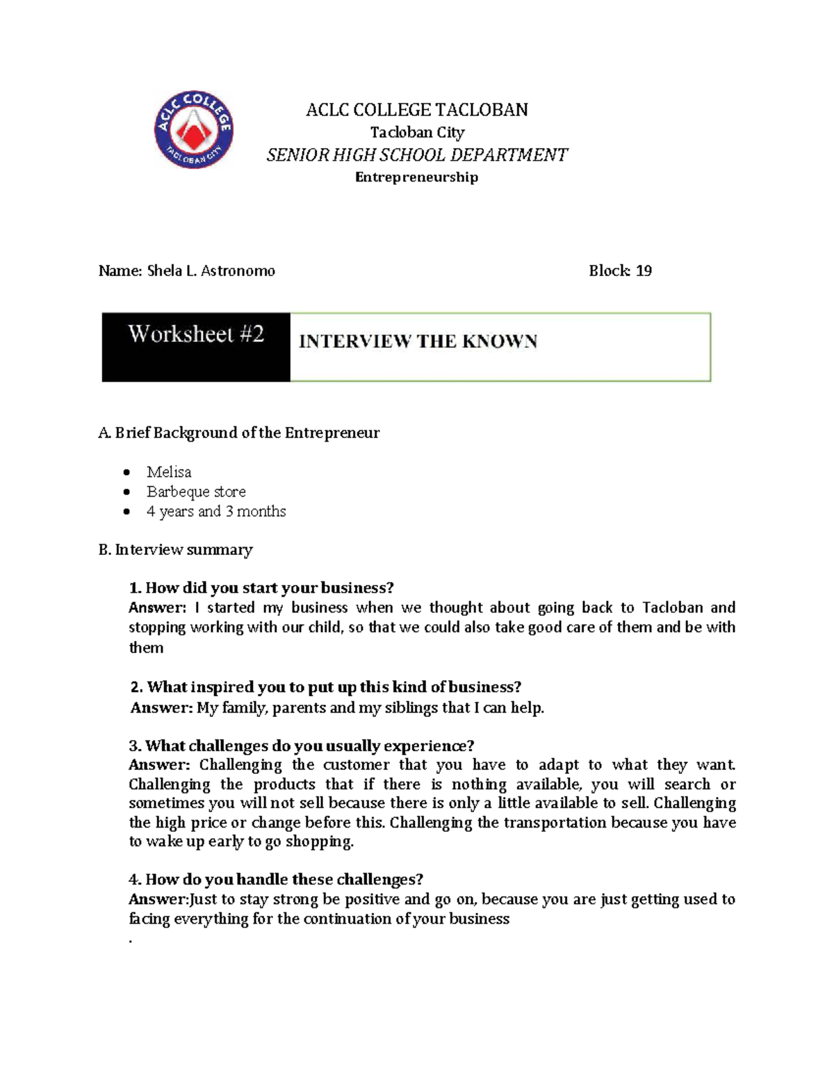 ACLC COLLEGE TACLOBAN Entrepreneurship Case Study: Melisa Barbeque ...