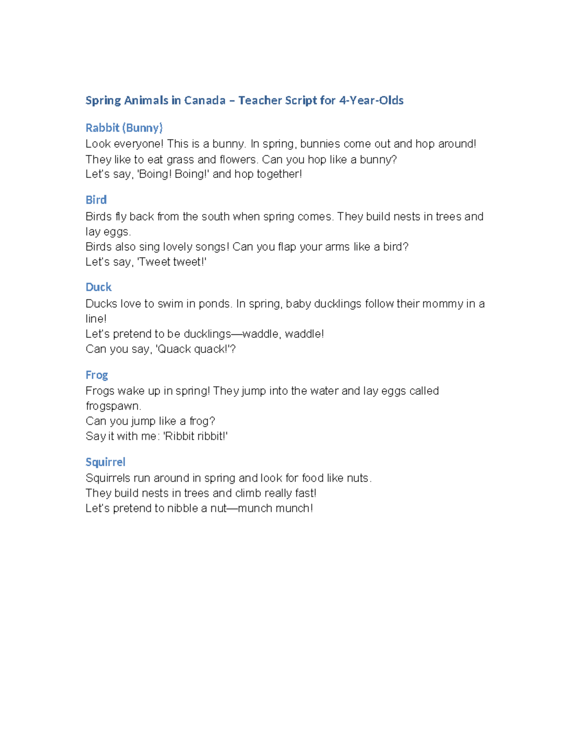 Spring Animals in Canada Teacher Script for Kids - Studocu