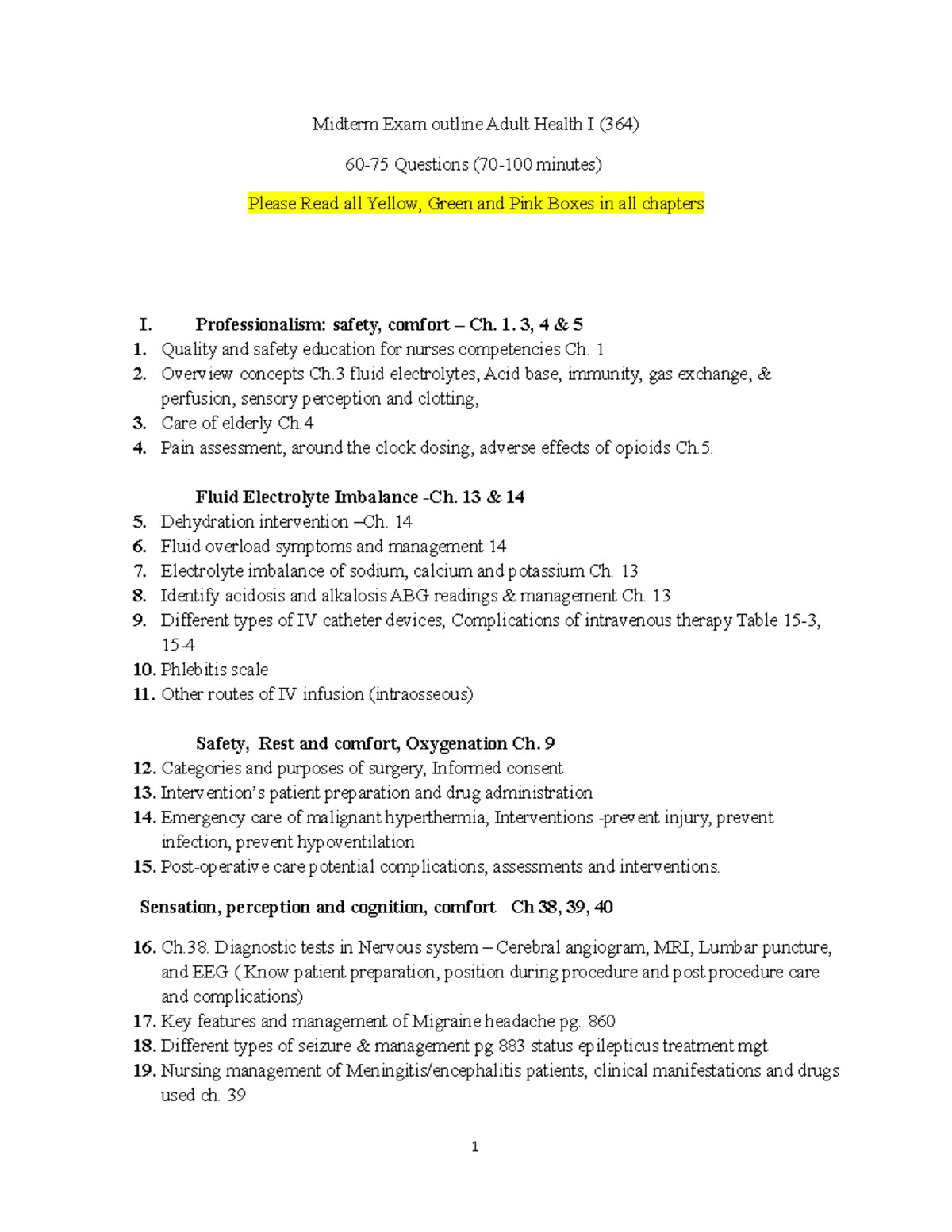 Midterm Exam Outline for Adult Health I (364) - 10th Edition Review ...