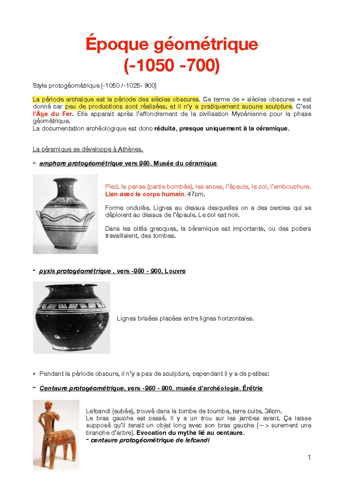 Révision complète de l'art grec: Période géométrique et archaïque - Studocu