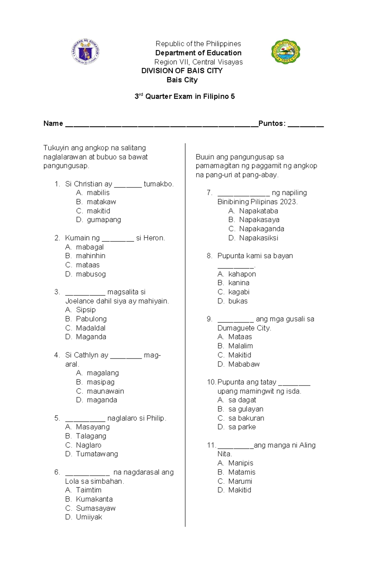 Fil 5 Test Paper Q3 - Republic of the Philippines Department of ...